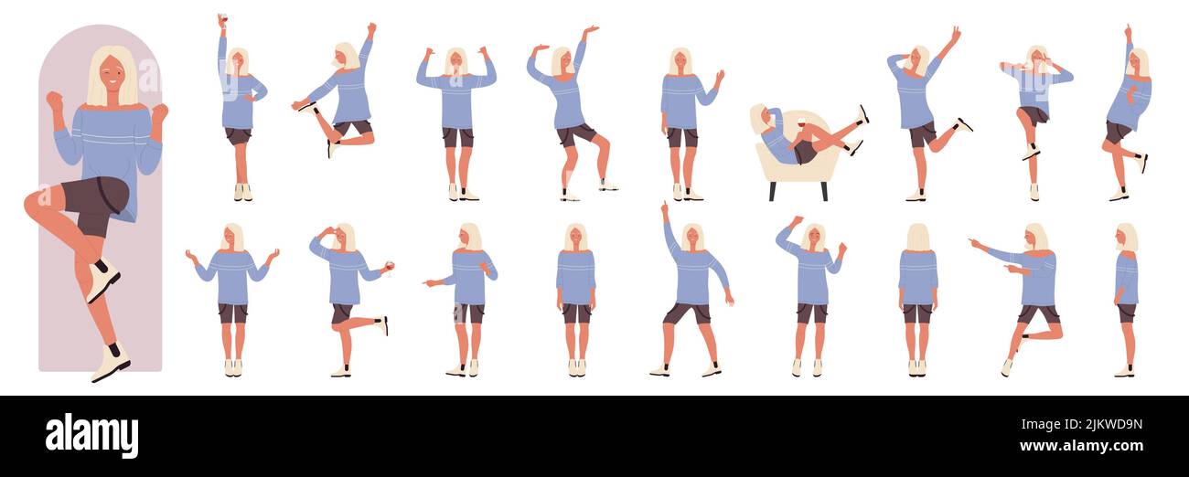 Girl on fun dance party in dynamic actions, side, front and back view ...