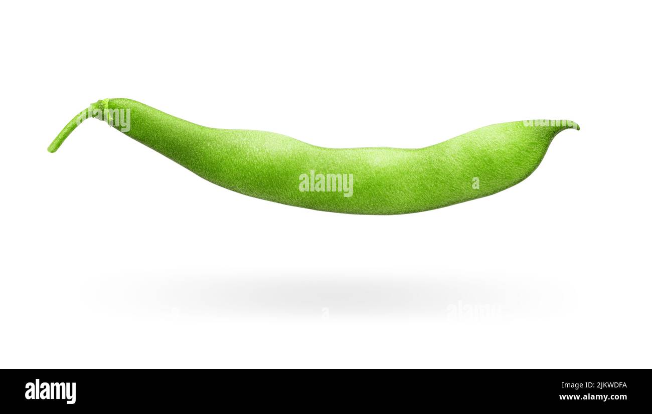 Fresh green pea pod flying, isolated with clipping path on white ...