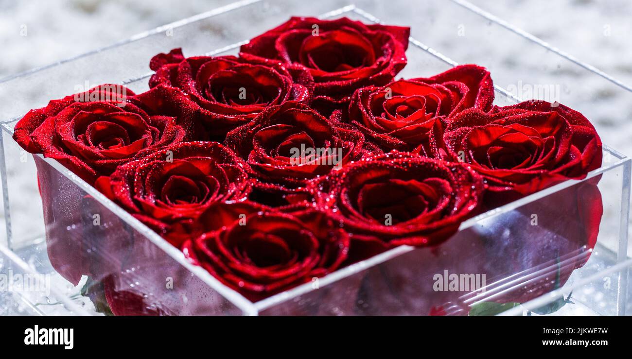 Bouquet of flowers, fresh red rose. Collage of red roses. Bouquet of ...