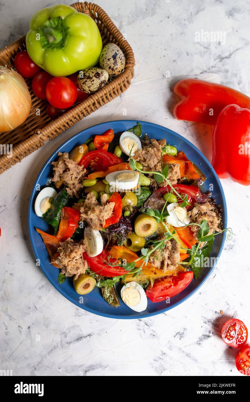 Traditional nicoise salad with canned tuna fish hi-res stock ...