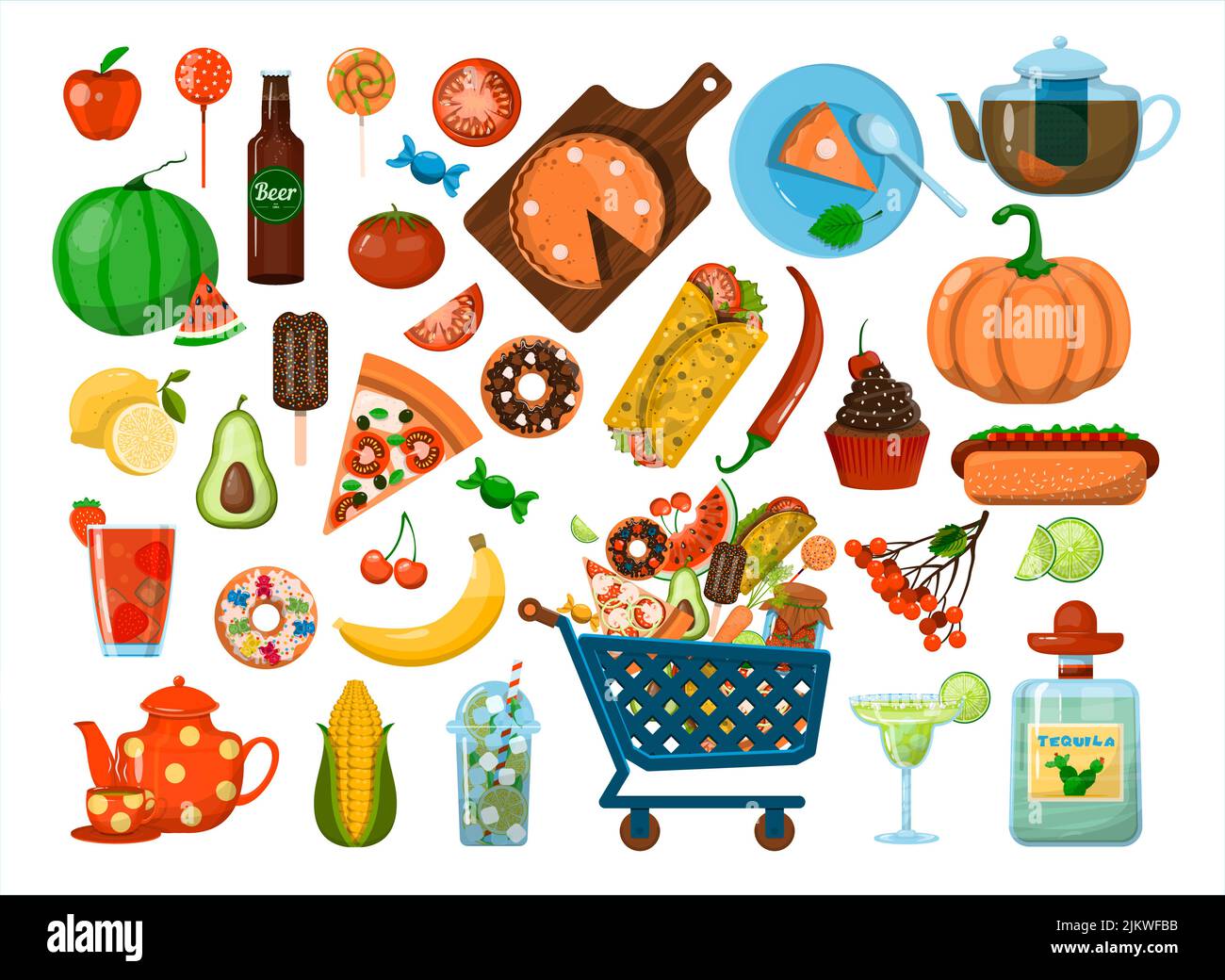 Vector big Food set. Flat icons set. Menu Restaurant, carts, sale, ads ...