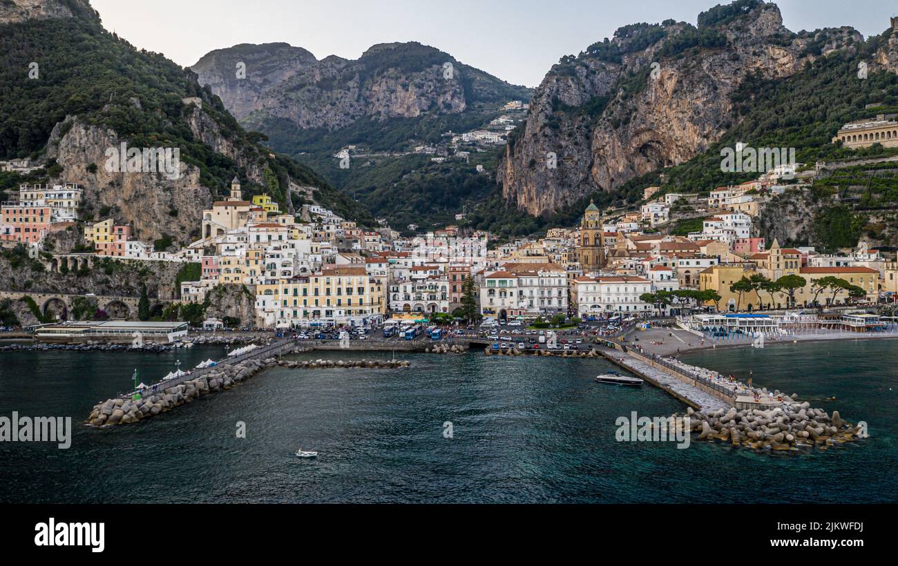 Panorama of Positano coast in Italy, Europe, photos taken by a drone in ...