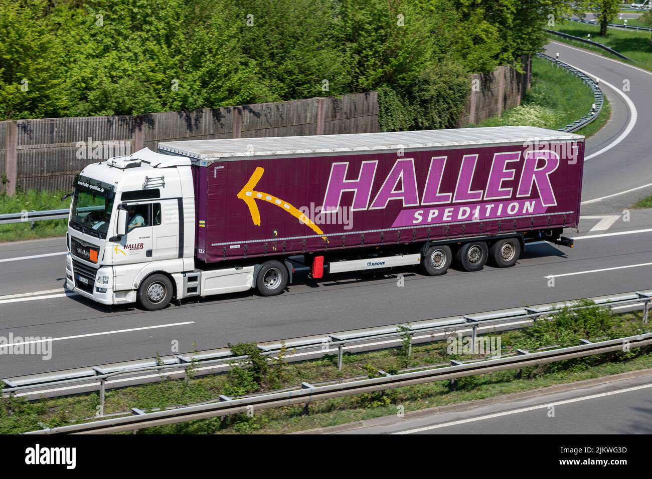 Haller Spedition MAN TGX truck with curtainside trailer on motorway ...