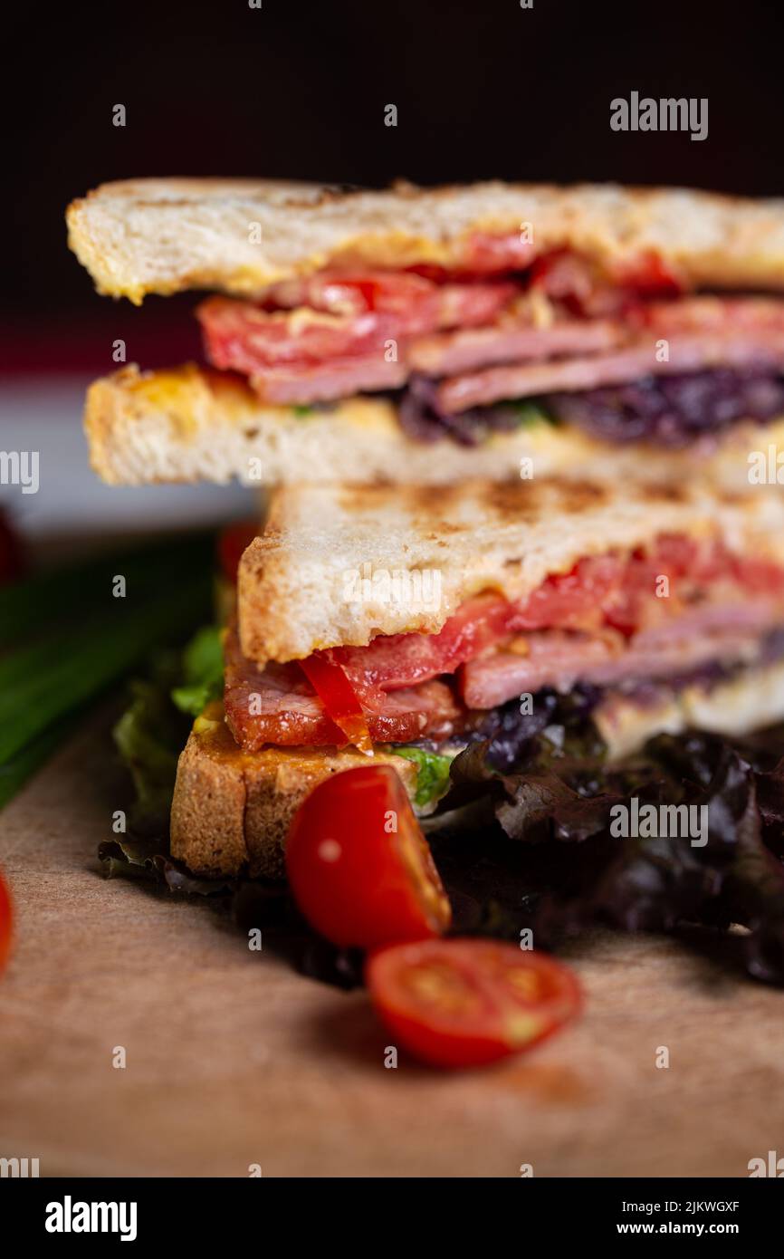 close-up sandwich of two bread toasts with stuffing and vegetables on a ...