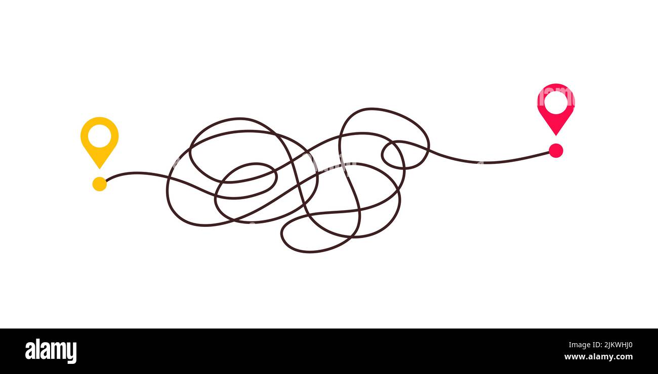 Difficult way, chaos path from point A to B. Complex chaos simplifying concept. Easy simple way ...