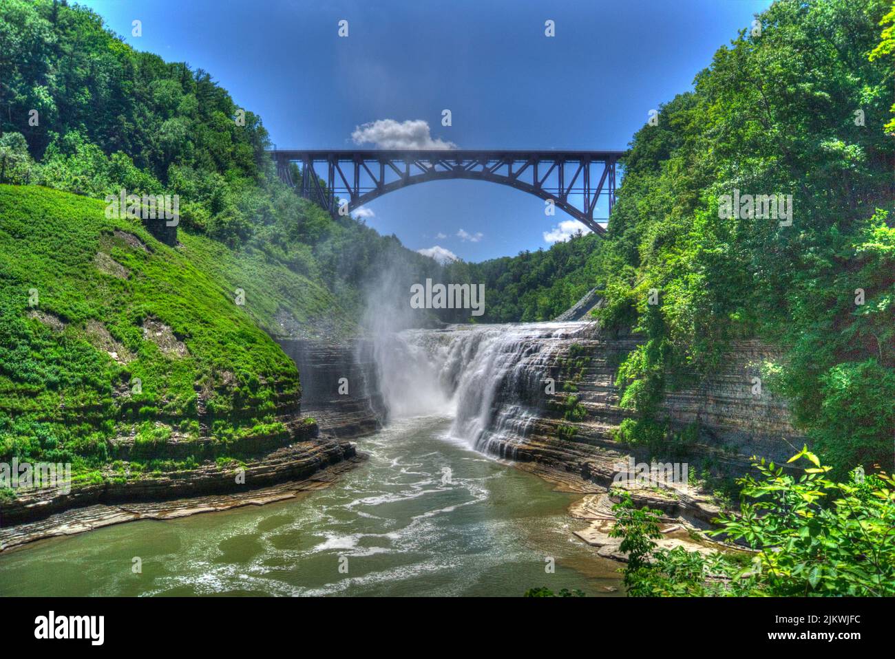 A beautiful view of the Upper Falls under a bridge at the Letchworth ...