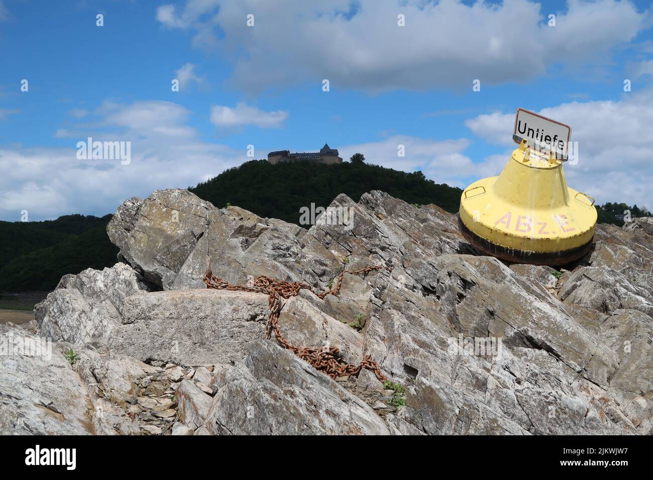 Waldeck castle seen from the Edersee during a drought phase with low ...