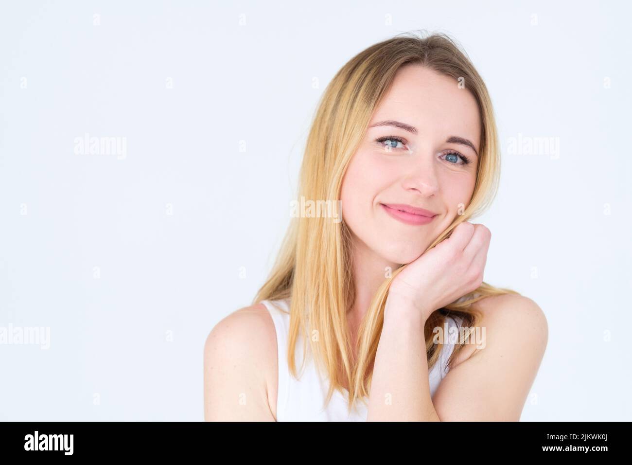 emotion face happy smiling calm content woman Stock Photo - Alamy