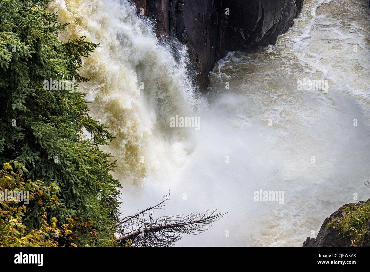 A high angle view of a massive waterfall splash on a cliff above trees ...