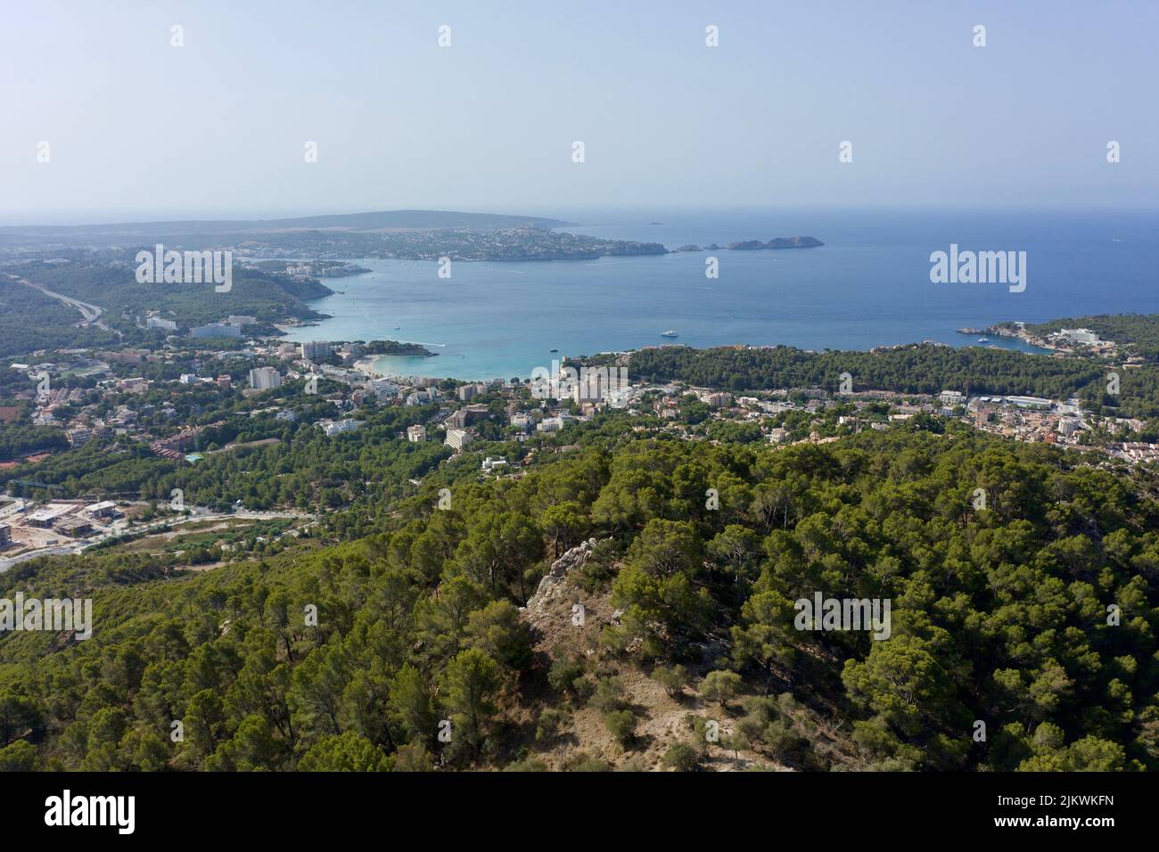 An aerial view of the town of Paguera with a sea in the background in ...