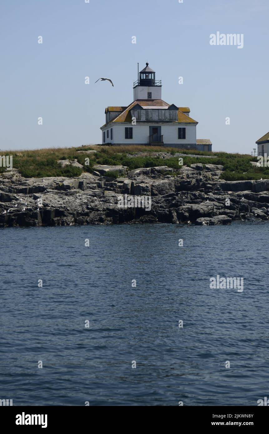 The blue sky over Egg Rock Lighthouse in Winter Harbor, Maine Stock ...