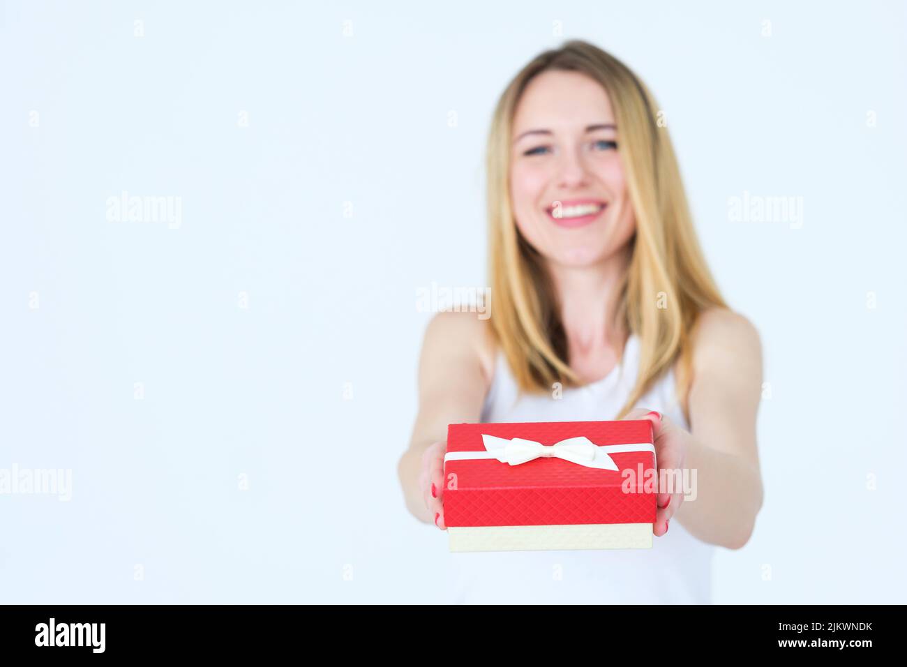 party present red gift box congratulation woman Stock Photo - Alamy