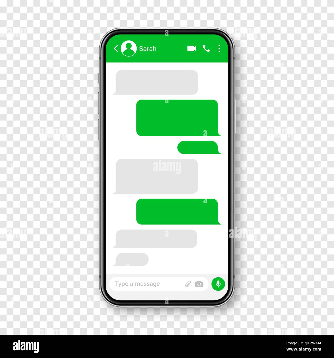 Realistic smartphone with messaging app. Blank SMS text frame ...