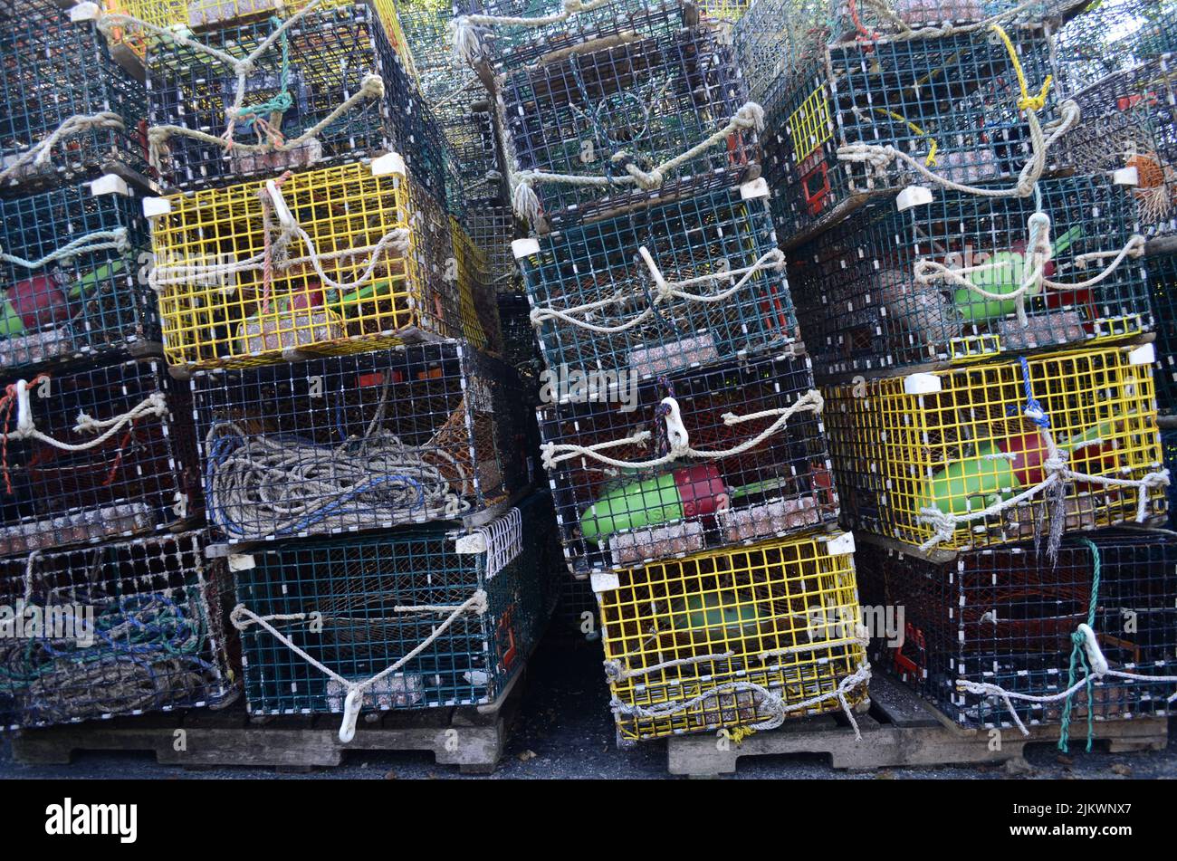 Many fishing traps and nets on a pier or berth over the channel Stock ...