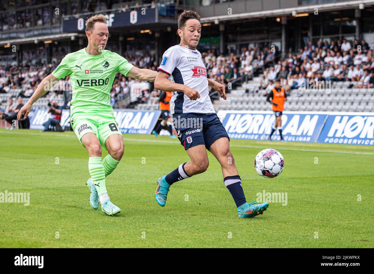 Aarhus, Denmark. 31st, July 2022. Mikael Anderson (R) of AGF and Adam ...