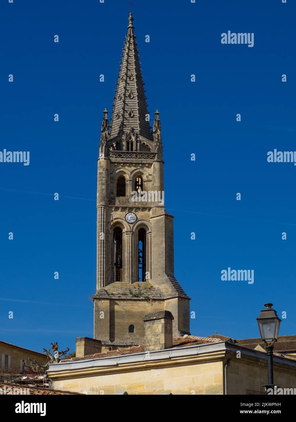 Bell tower with Monolithic church of Saint Emilion - France Stock Photo ...