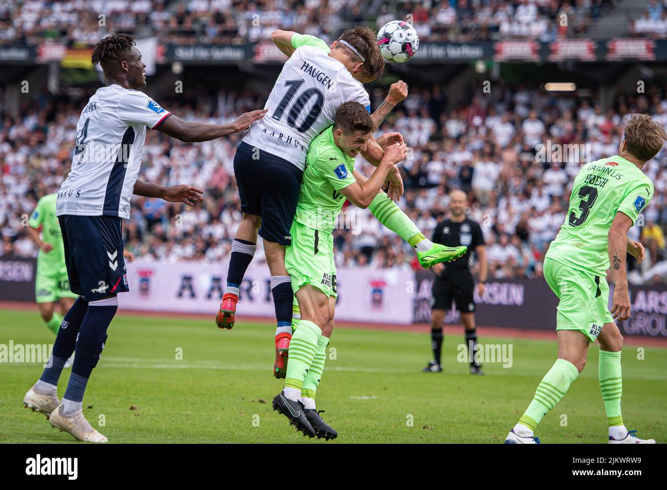 Aarhus, Denmark. 31st, July 2022. Sigurd Haugen (10) of AGF and Lasse ...