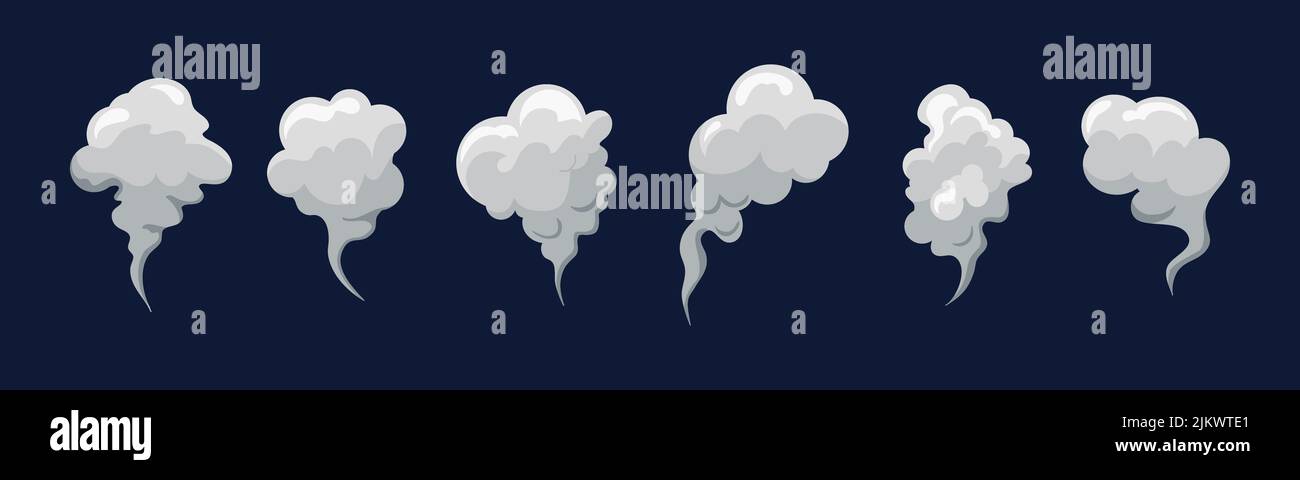 Smoke smell clouds in cartoon. White fog isolated clipart.Puff of wind ...