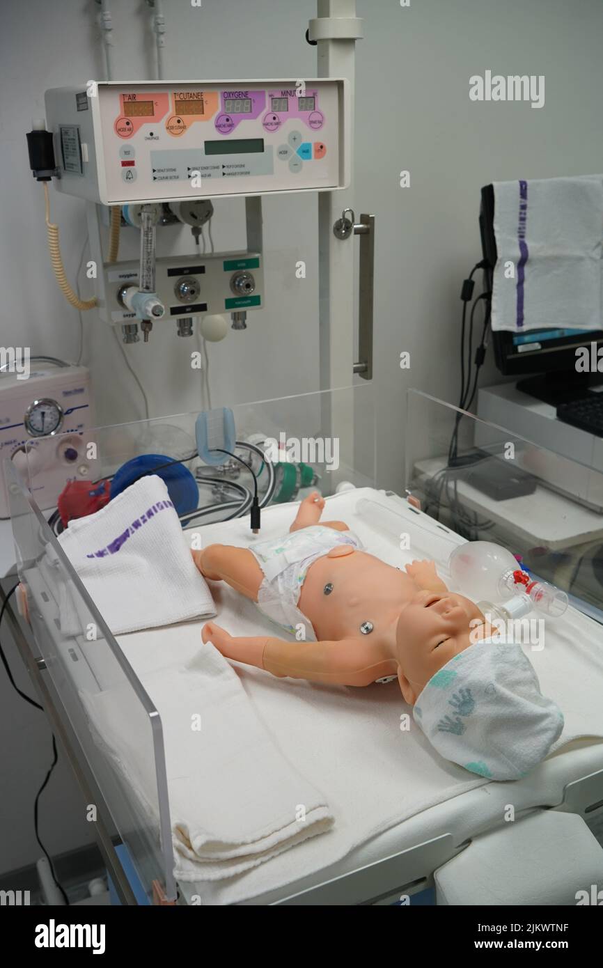 New born mannequin during a pediatric resuscitation simulation workshop ...