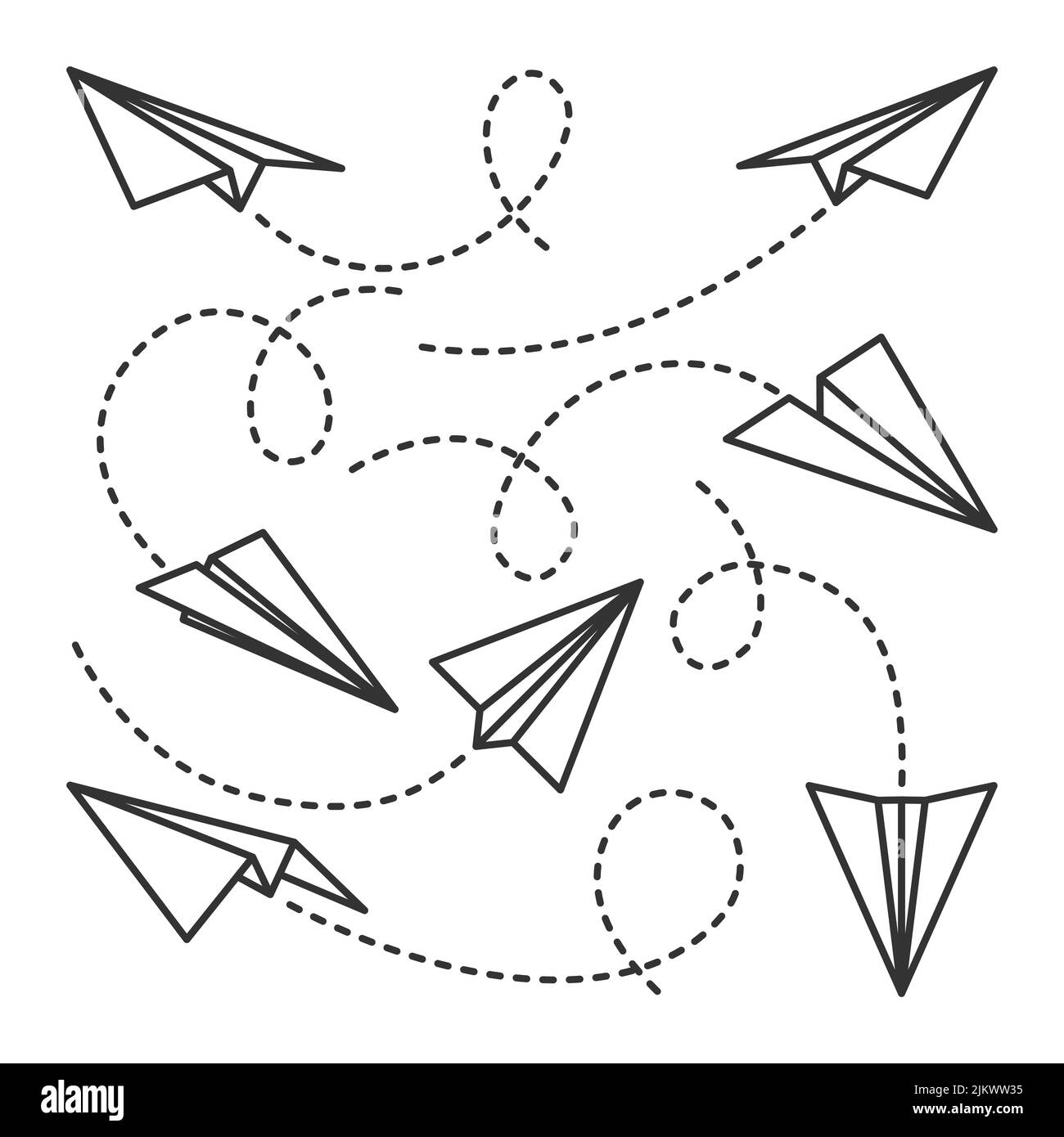 Various hand drawn paper planes. Black doodle airplanes with dotted ...