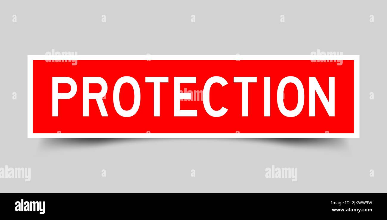 Square label banner with word protection in red color on gray ...