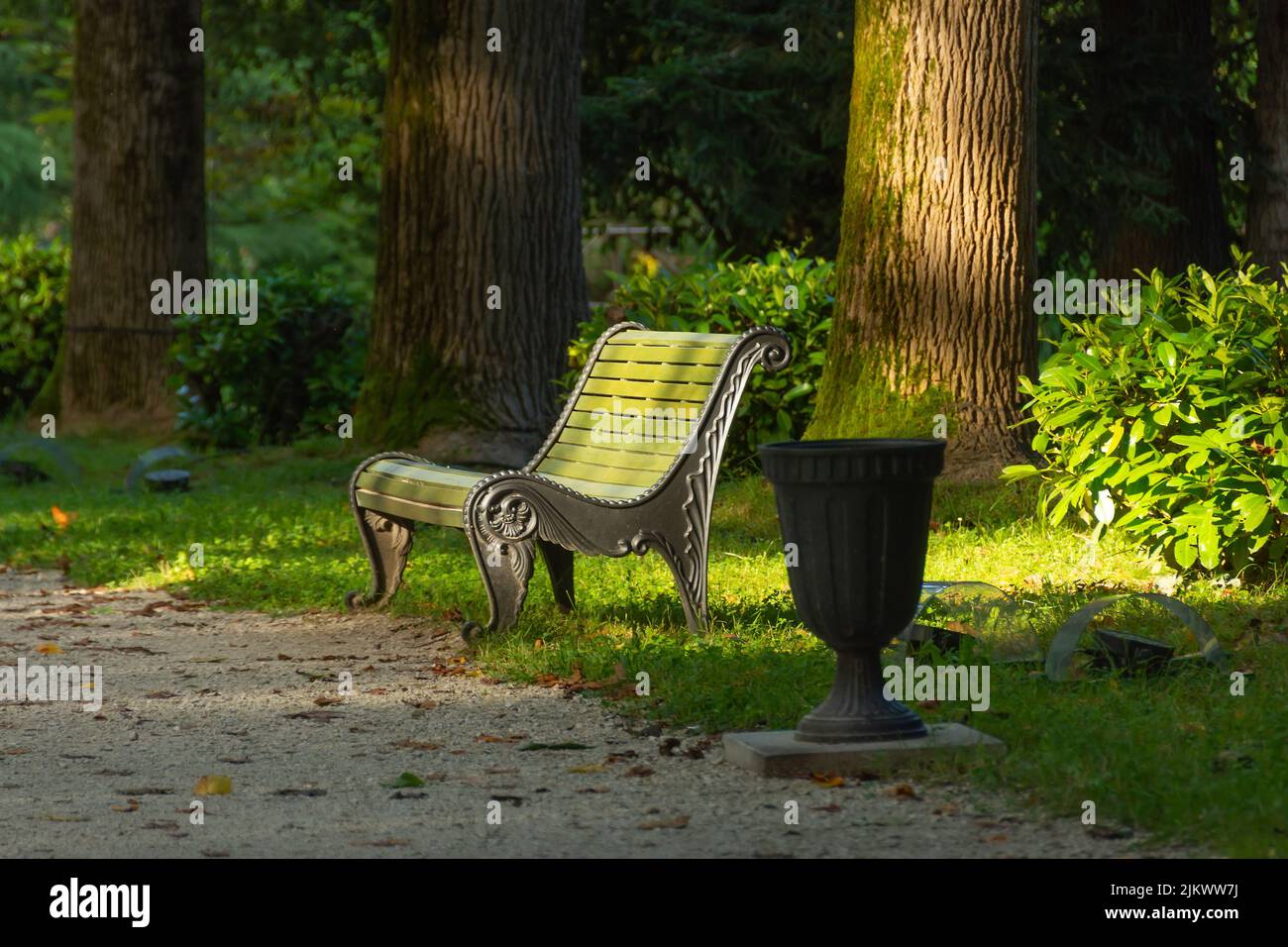 Wooden green bench with a metal base with a nearby urn in a shady park ...