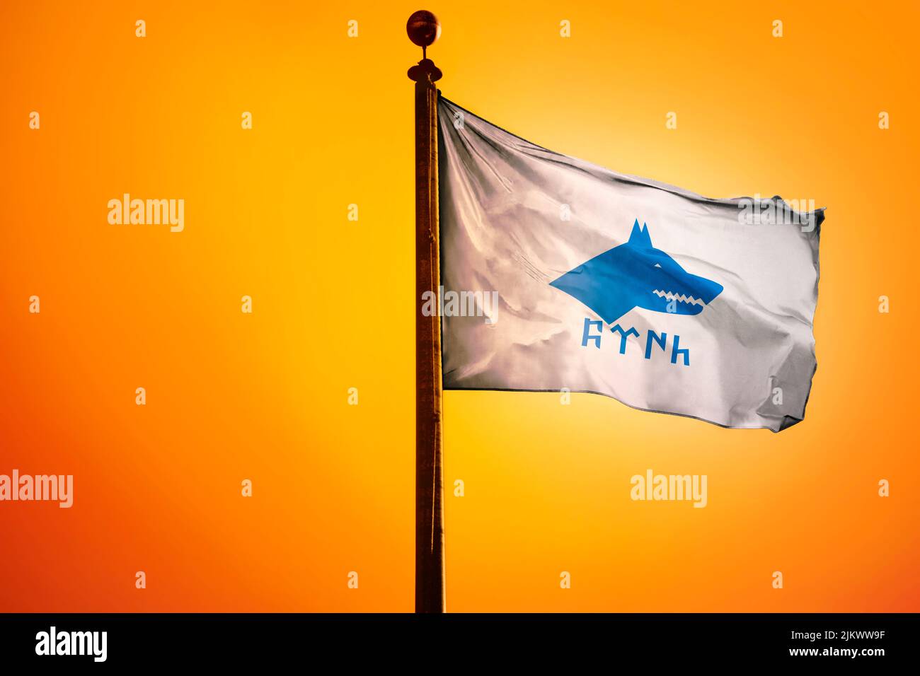 A digital illustration of a flag of the Gokturk Empire waving against a ...
