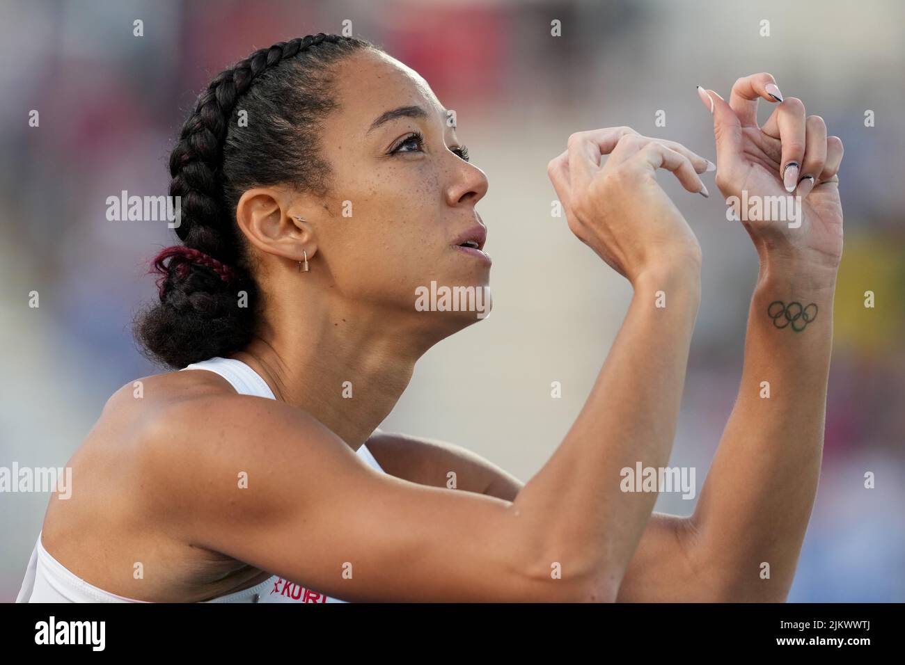 England’s Katarina Johnson-Thompson reacts during the Women’s ...