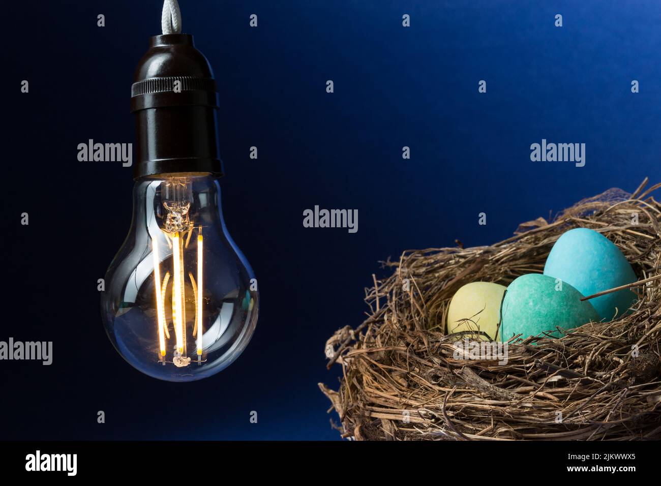 Close up of a lit LED bulb heating three colored eggs in a bird's nest ...