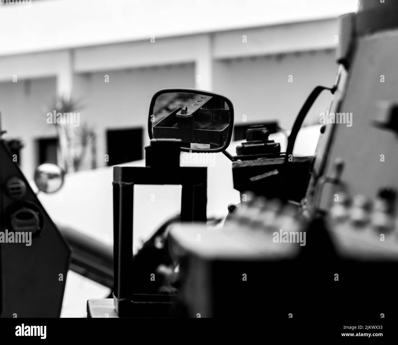 A military tank mirror reflection in grayscale Stock Photo - Alamy