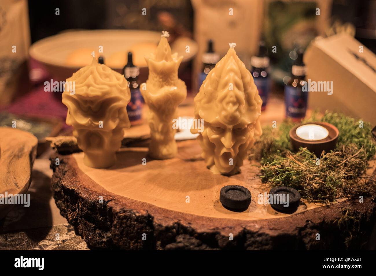 The beeswax Candles and decorations, medicine dropper bottles Stock ...