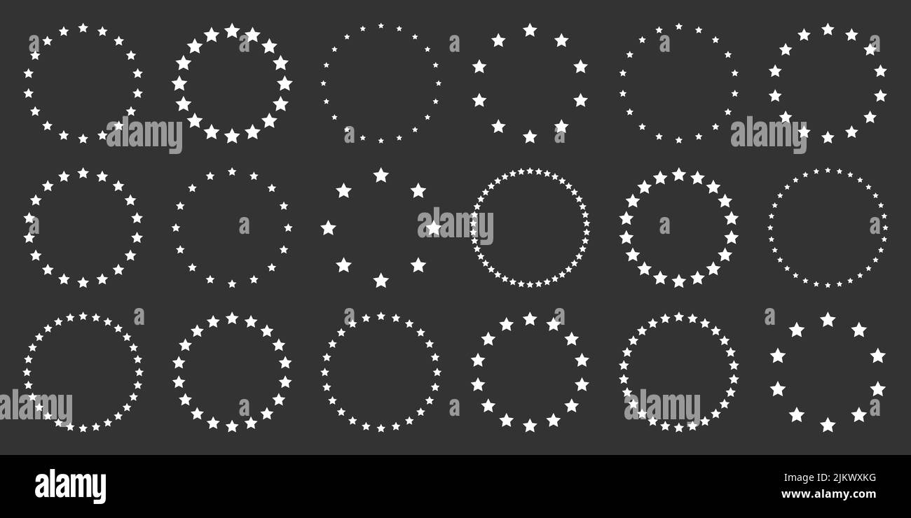 White stars of various sizes arranged in a circle. Round frame, border ...