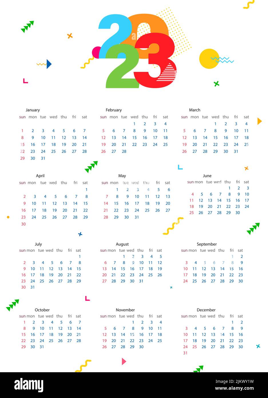 Yearly calendar template 2023. Week starts on Sunday. Calendar design ...