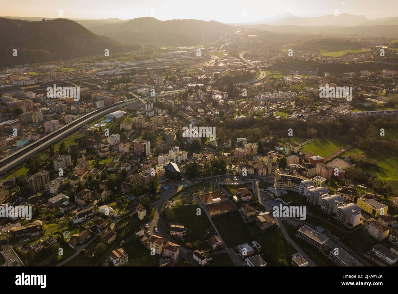 An aerial view of Vacallo Morbio Mendrisiotto, Chiasso, Balerna, Ticino ...