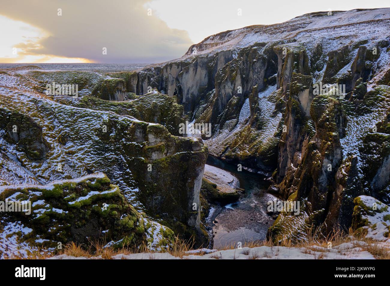 Wiggly winding canyon, Southern Iceland. River winds through steep ...