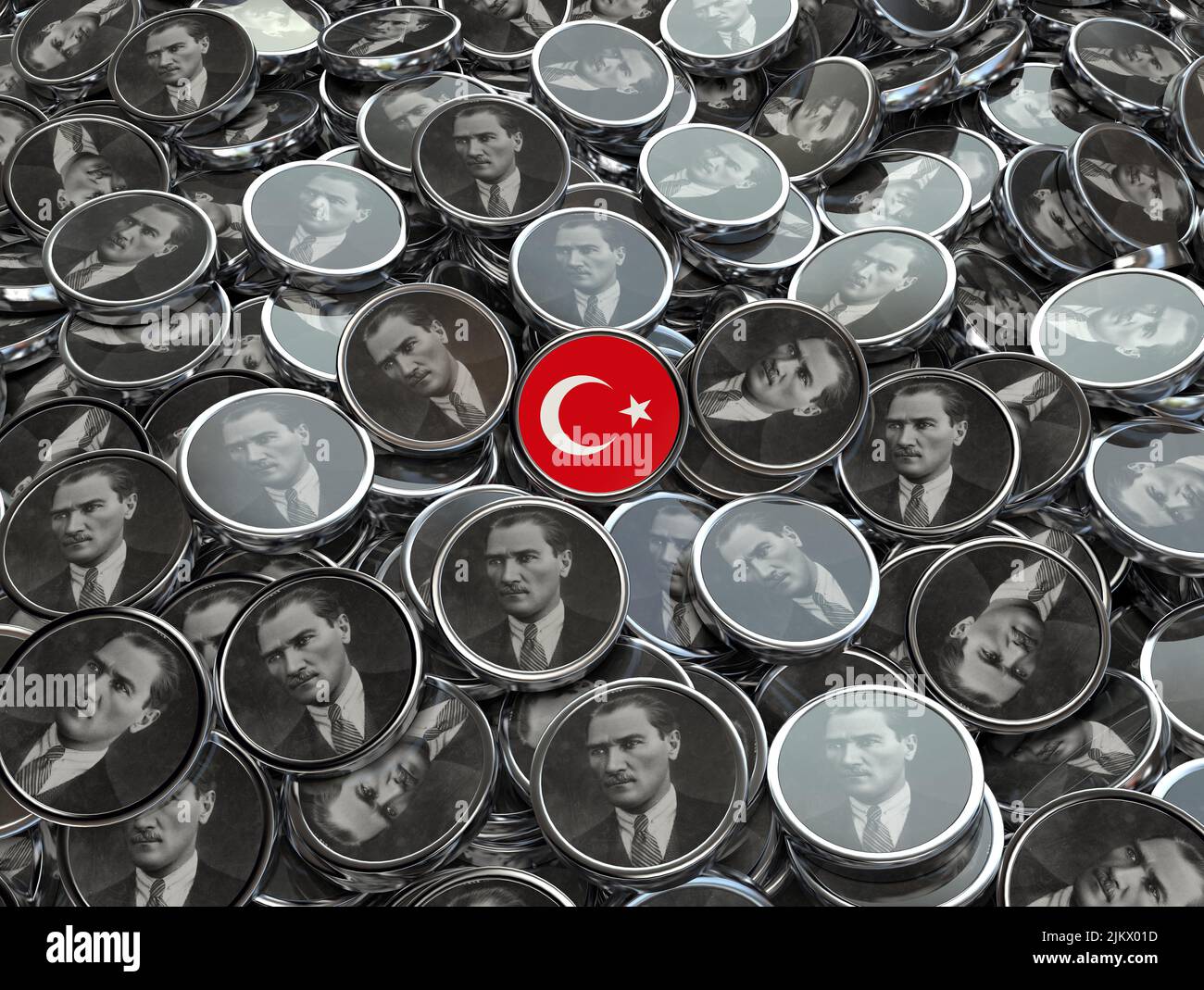 A closeup of a Turkey flag and Mustafa Kemal Ataturk icons in grayscale ...