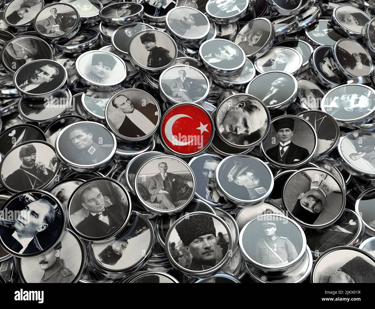 A closeup of a Turkey flag and Mustafa Kemal Ataturk icons in grayscale ...