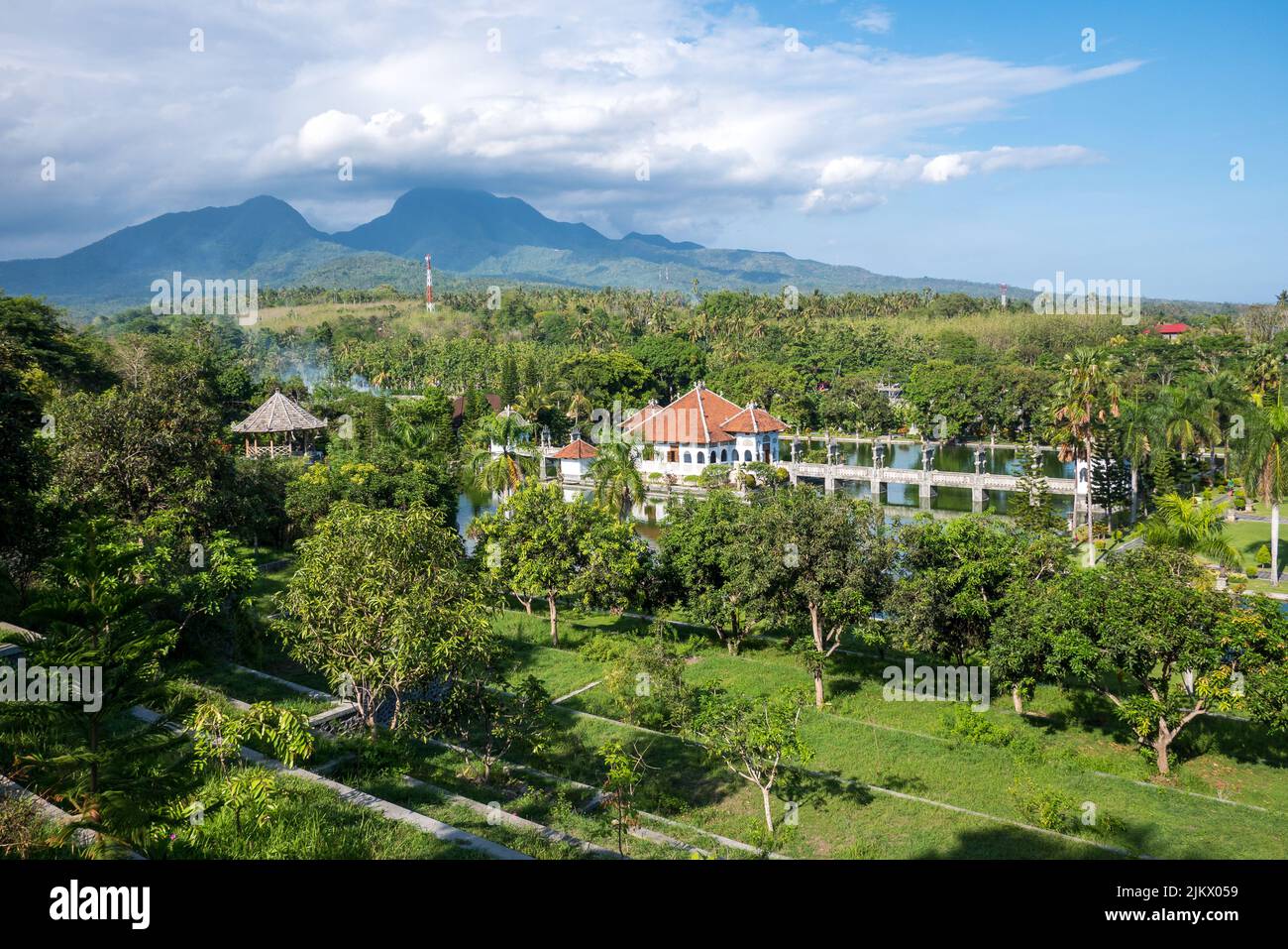 An aerial view of the Balinese temple and mountain landscape in Bali ...