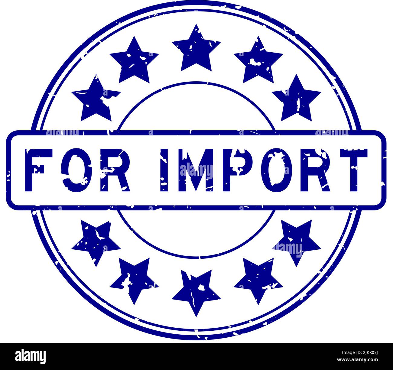 Grunge blue for import word with star icon round rubber seal stamp on ...