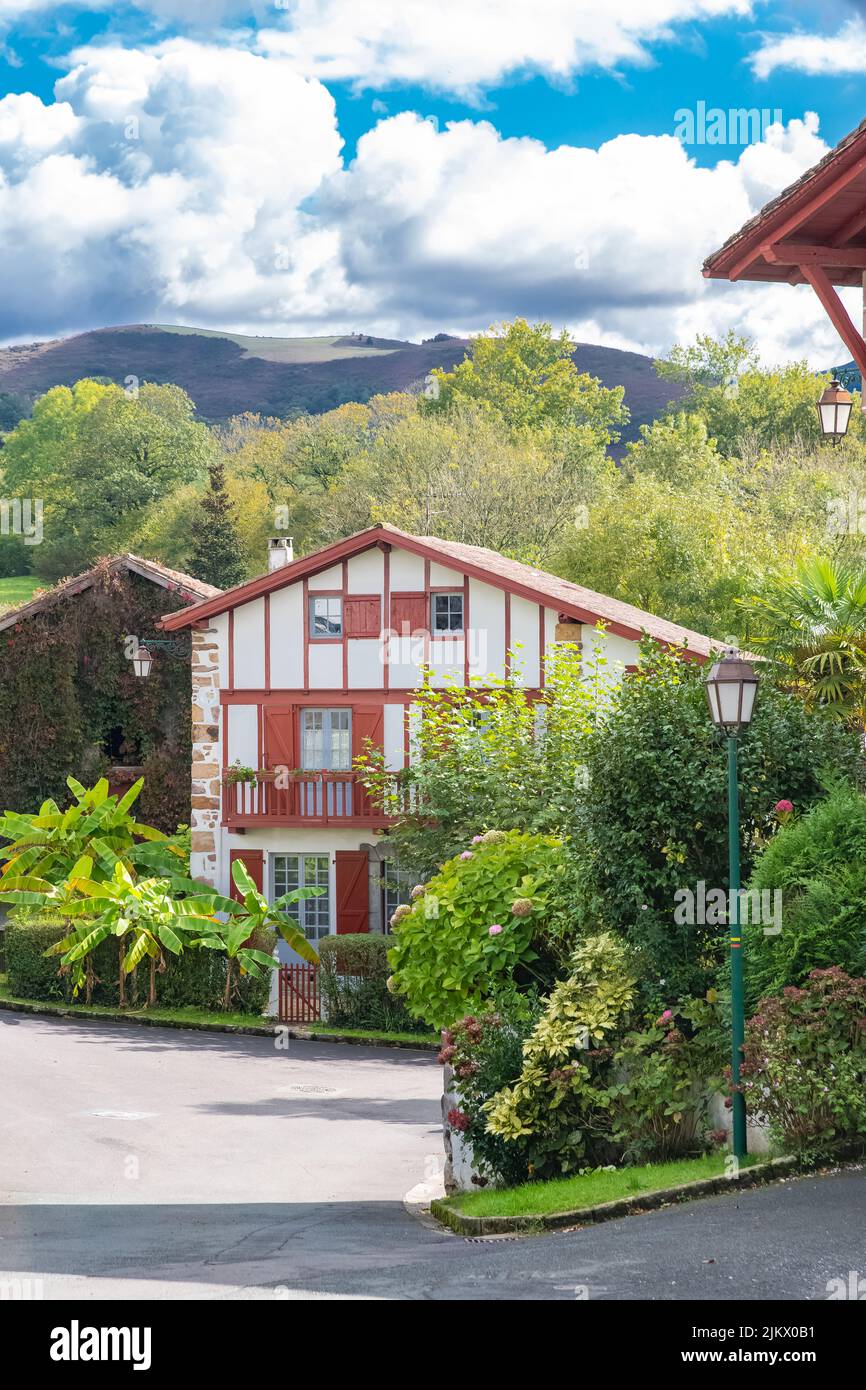 Typical houses in the village of Ainhoa in the Basque country Stock ...