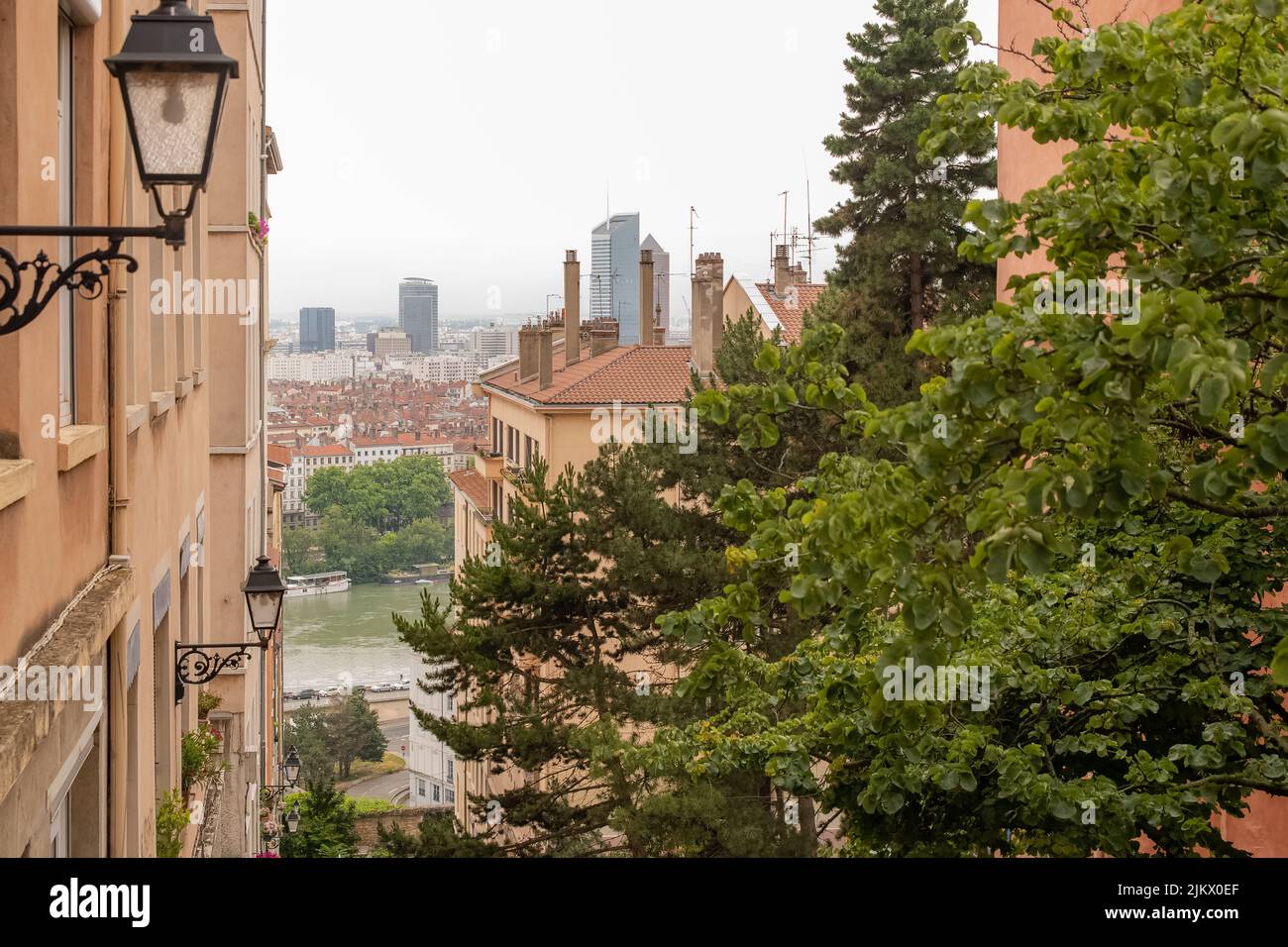 Vieux-Lyon, small street and colorful houses in the center, on the ...
