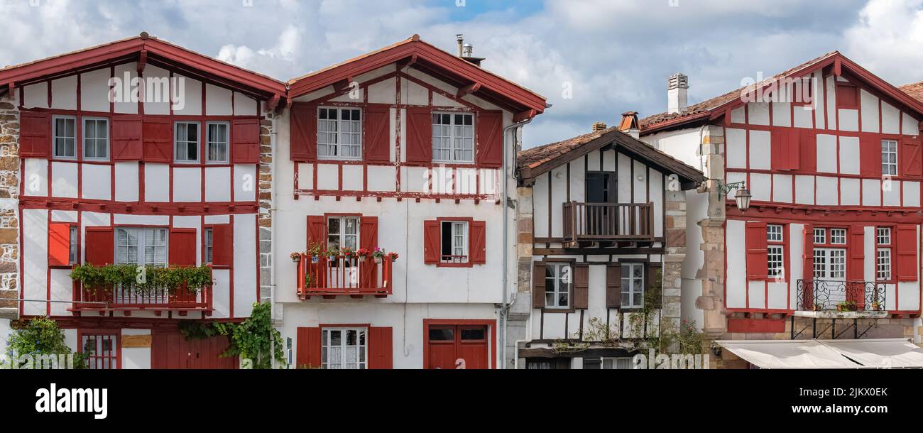 Typical houses in the village of Ainhoa in the Basque country Stock ...