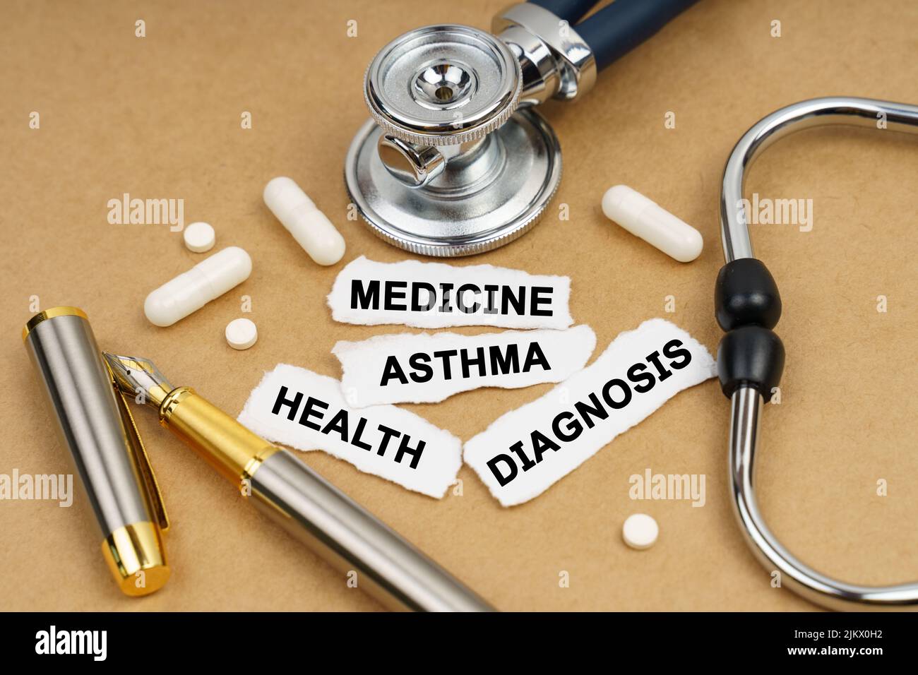 Medicine and health concept. On the table is a stethoscope, pills and ...