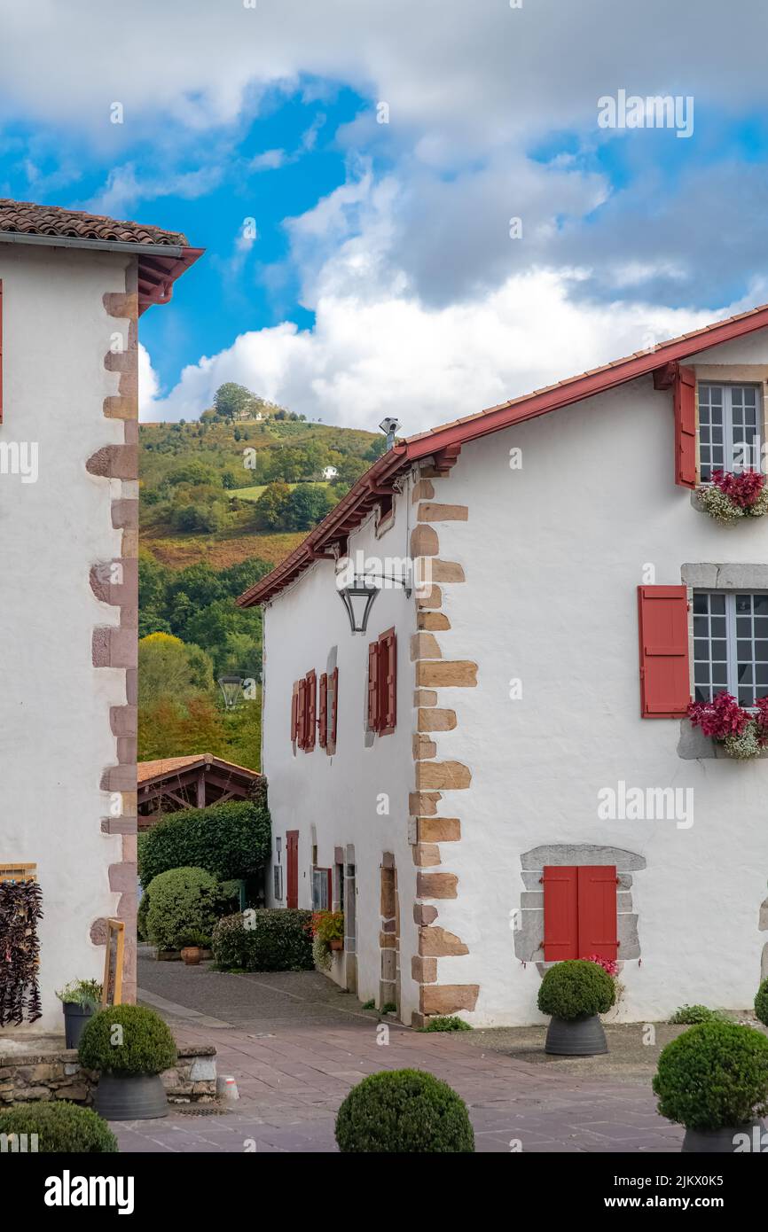 Typical houses in the village of Ainhoa in the Basque country Stock ...