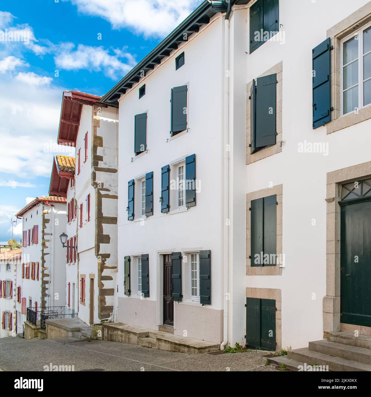 Typical houses in the village of Espelette in the Basque country ...