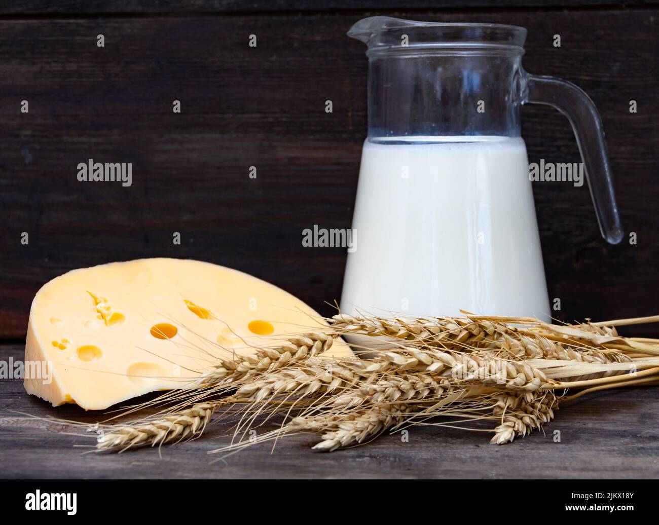 composition of fruits, wheat and dairy, Shavuot concept Stock Photo - Alamy