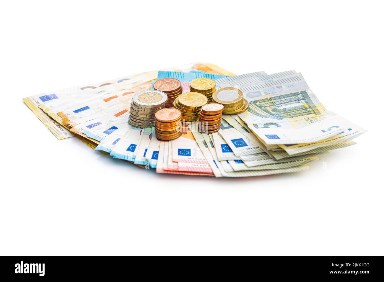 Euro coins on paper euro banknotes isolated on white background Stock ...