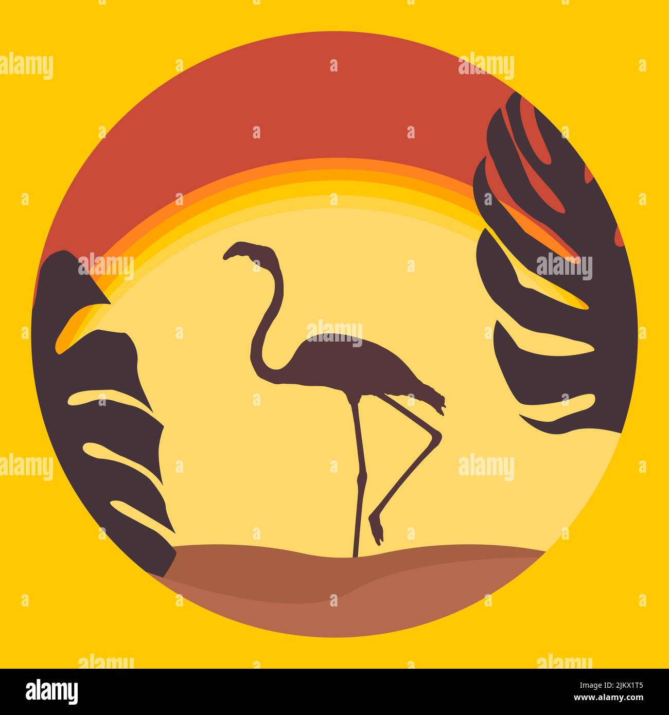 Flamingo silhouette at sunset with tropical leaves Stock Vector Image ...