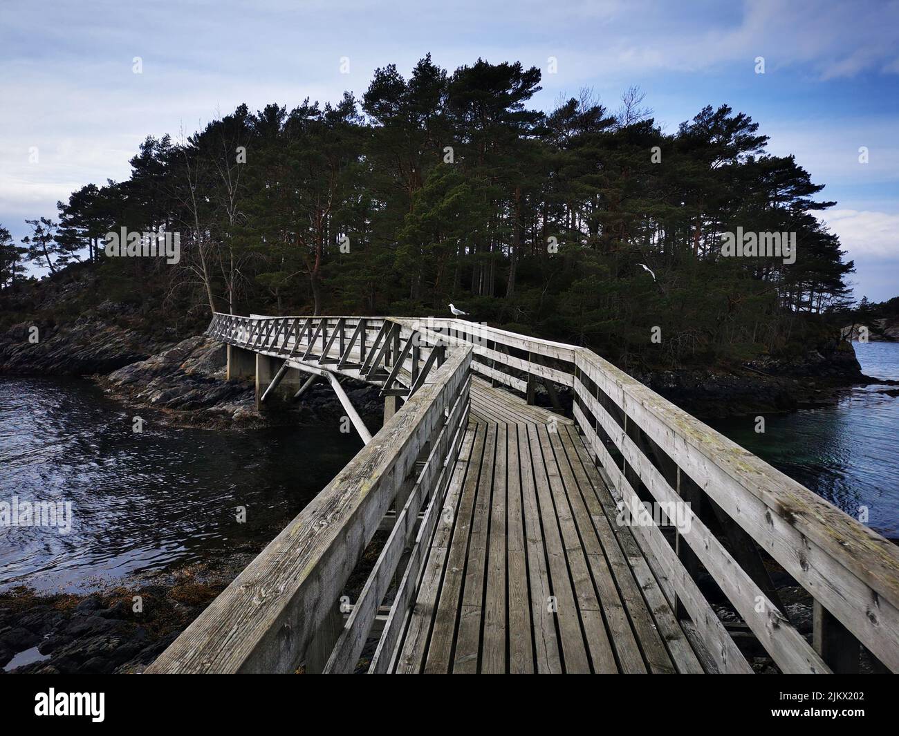 A wooden bridge over a lake connecting two lands with trees Stock Photo ...
