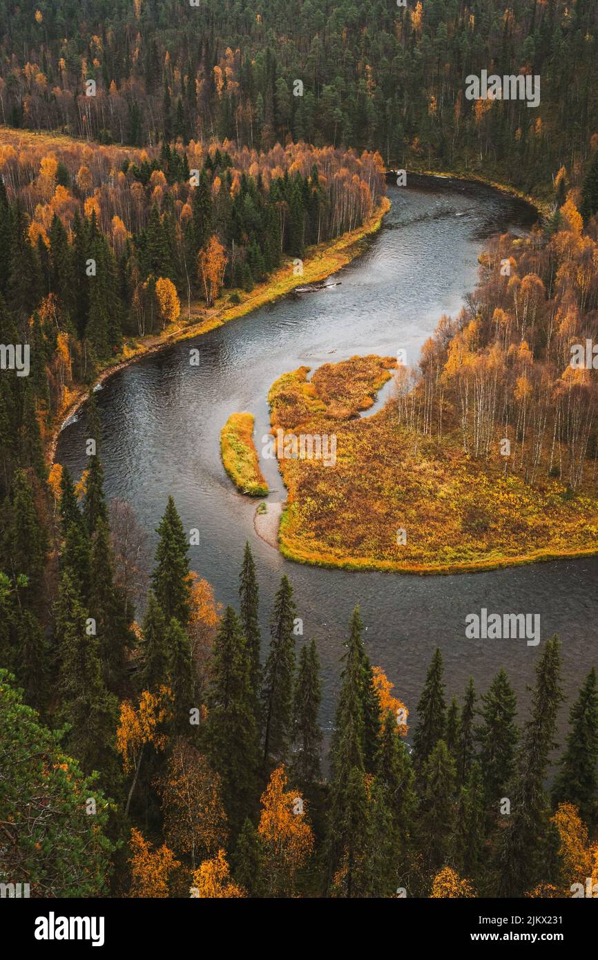 River slowly flowing through Oulanka National Park in Finnish Laplan ...
